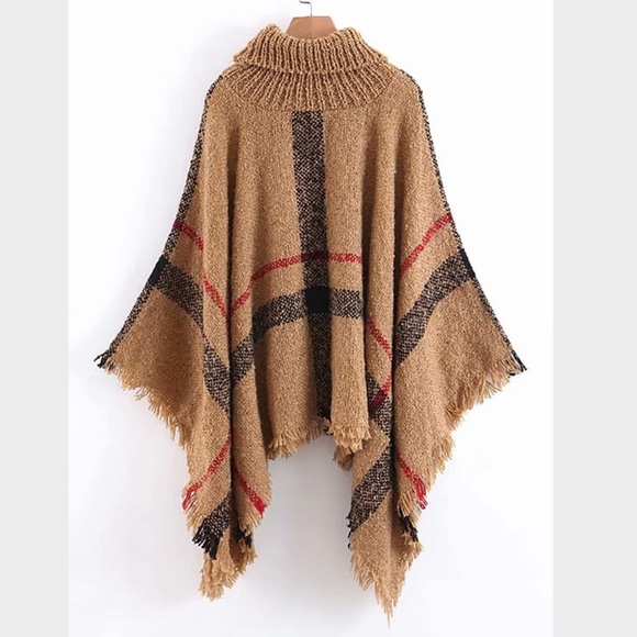 Rouge! | Sweaters | Plaid Tan Turtleneck Poncho | Poshmark